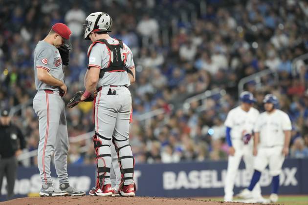 Toronto, On, CAN: Cincinnati Reds pitcher Carson Spiers reacts during ...