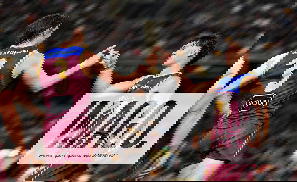 AFL LIONS BOMBERS, Joe Daniher and Cam Rayner of the Lions celebrate ...