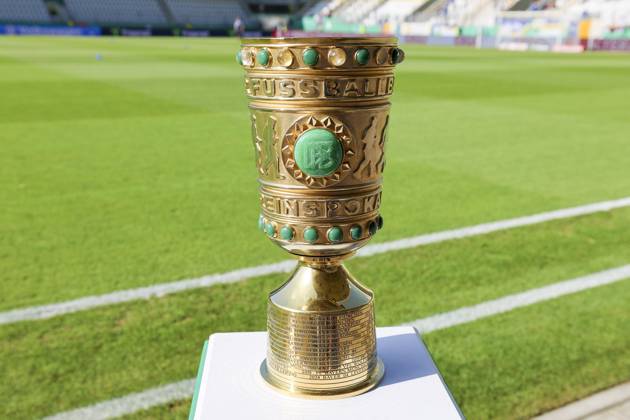 The DFB Cup stands on a table, DFB Cup quarter-final, FC St Pauli vs ...