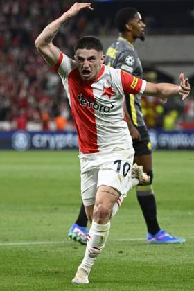 Christos Zafeiris celebrates opening goal during the UEFA Champions ...