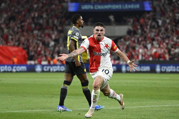 Christos Zafeiris (Slavia) celebrates opening goal during the UEFA ...