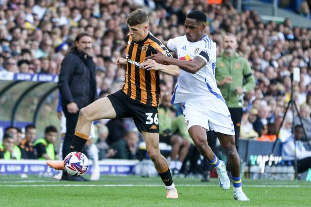 Elland Road, Leeds, England, August 31st 2024: Will Jarvis controls the ...
