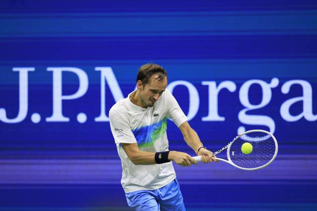 Flushing Meadows, New York, USA: Daniil Medvedev a double forehand ...