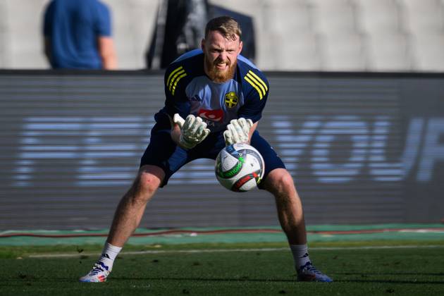 Goalkeeper Viktor Johansson of the Swedish national football team at a ...