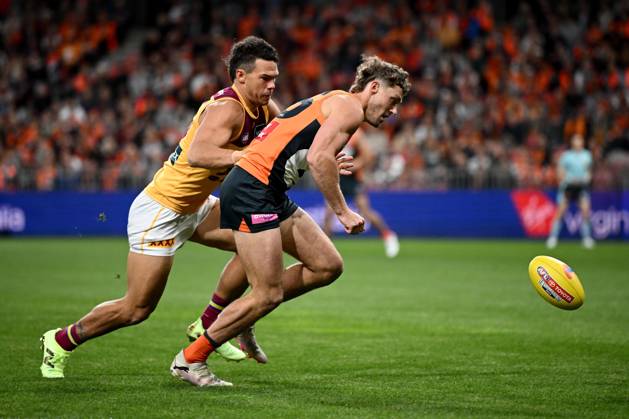 AFL GIANTS LIONS, Harry Perryman of the Giants celebrates after scoring ...