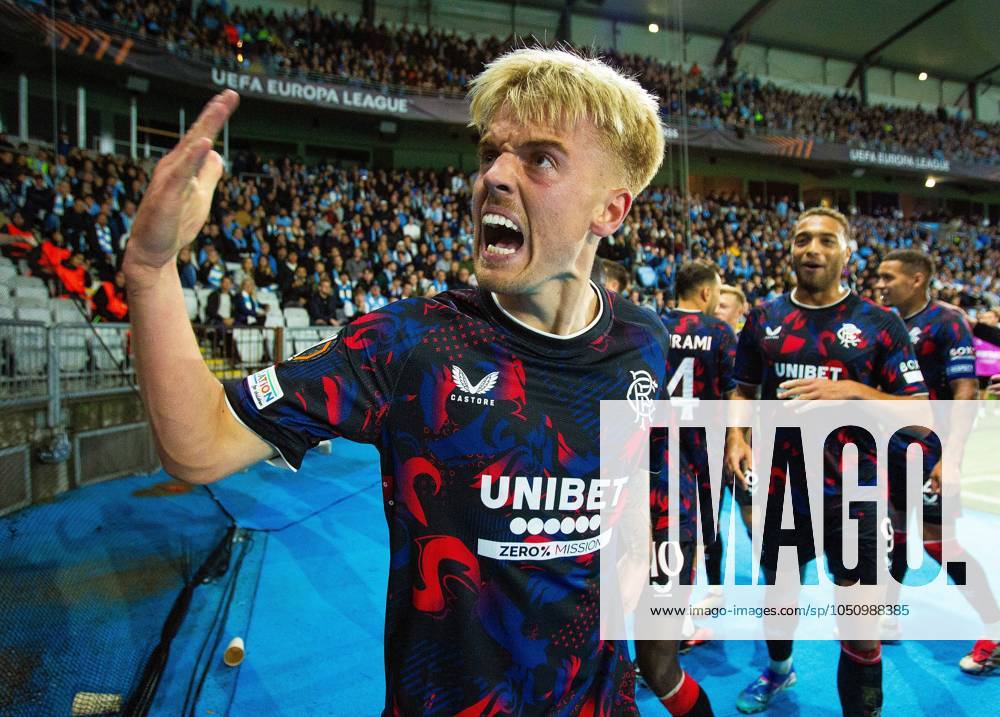 Ross McCausland of Rangers celebrates scoring his sides second goal ...