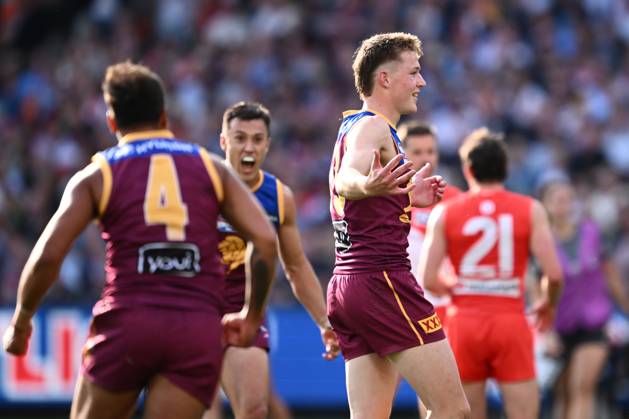 AFL GRAND FINAL, Logan Morris of the Lions celebrates with Hugh ...