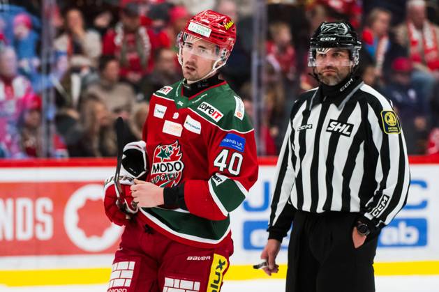 Modos David Bernhardt dips during the ice hockey match in SHL between Lulea and Modo on in
