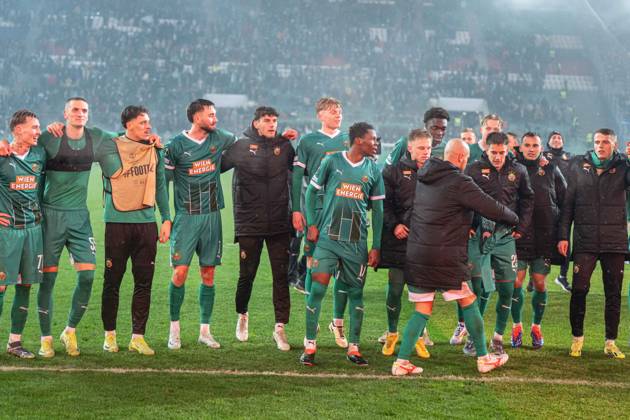 Rapid Wien players a win celebrate during UEFA Conference league match ...