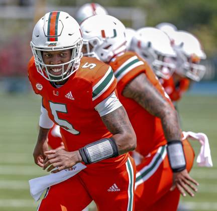 Miami Hurricanes Spring scrimmage Miami quarterback N Kosi Perry (5 ...