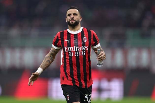 Milan, Italy, 18th February 2025. Kyle Walker of AC Milan reacts with ...