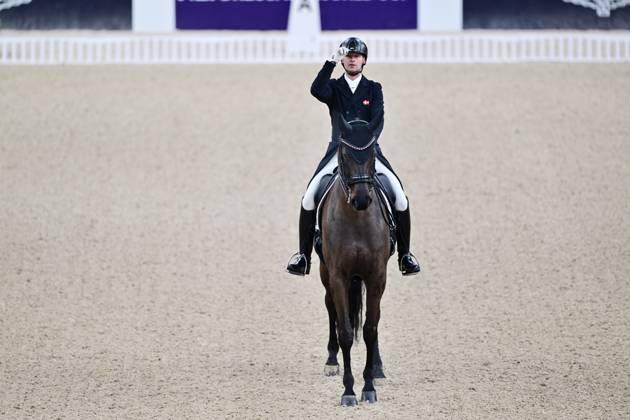 GÖTEBORG, SWEDEN 20250221 Kenneth Damgaard, Denmark, with his horse Uno ...