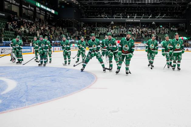 Rögle players cheer after the NDHL ice hockey game between Rögle and Malmö Redhawks on in