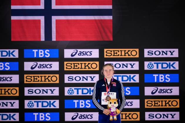 Henriette Jaeger of Norway celebrates third place on the podium in ...