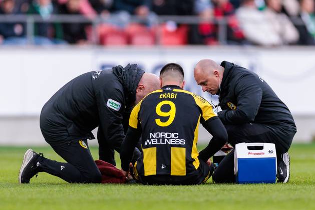 Hammarbys Jusef Erabi gets hurt during the Allsvenskan football match ...
