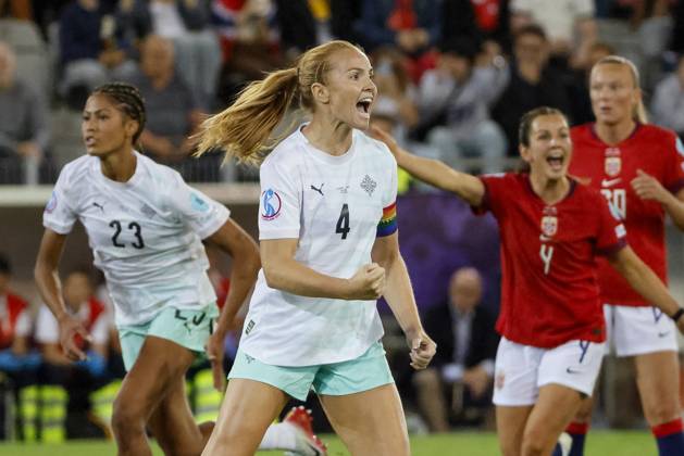 Goal celebration Iceland at 4 3 by Glodis Viggosdottir Iceland, 04, UEFA Womens EURO 2025, Womens