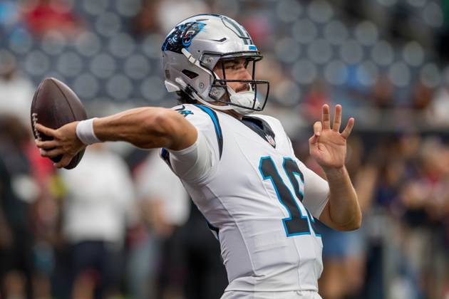 : Carolina Panthers quarterback Jack Plummer prior to a preseason game ...