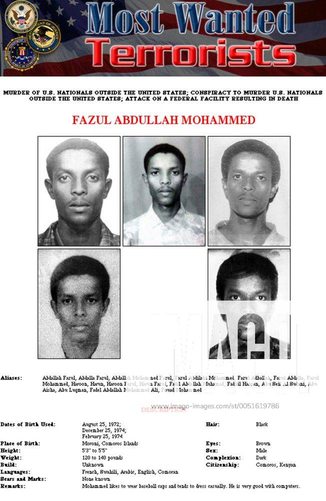 Terrorist Fazul Abdullah Mohammed auf einem Steckbrief des US ...