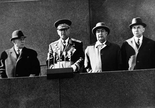 MARSHAL ANDREI GRECHKO (M), LEONID BRESHNEV (7L) and ALEXEI KOSSYGIN ...