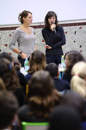 Maud Fontenoy (L), French sailor and french actress Marion Cotillard ...