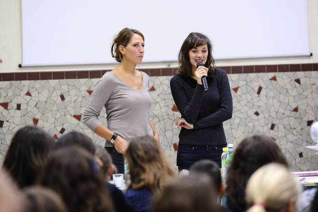 Maud Fontenoy (L), French sailor and french actress Marion Cotillard ...