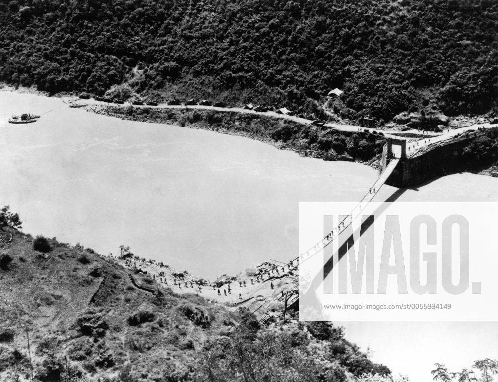Aerial view of the Hwitung foot bridge over the Salween River in ...
