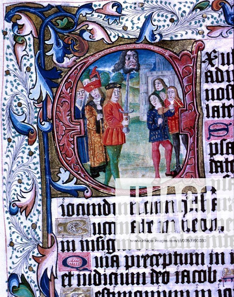 David brings back head of Goliath. Musicians greet him. 15th Cent ...