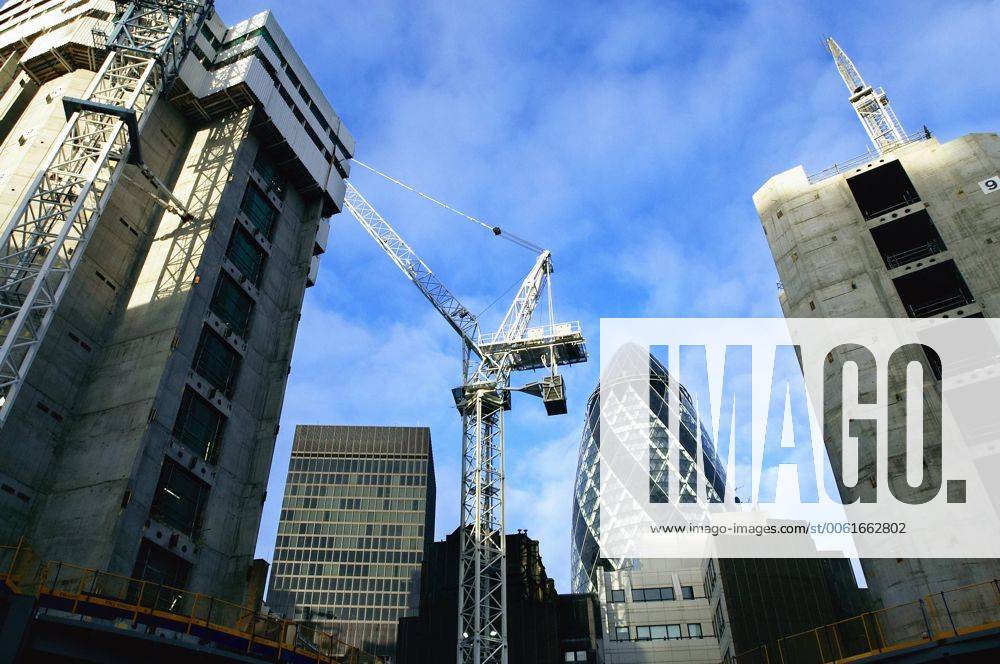 St Mary Axe, aka Swiss Re Building or the Gherkin surrounded by new construction projects in the