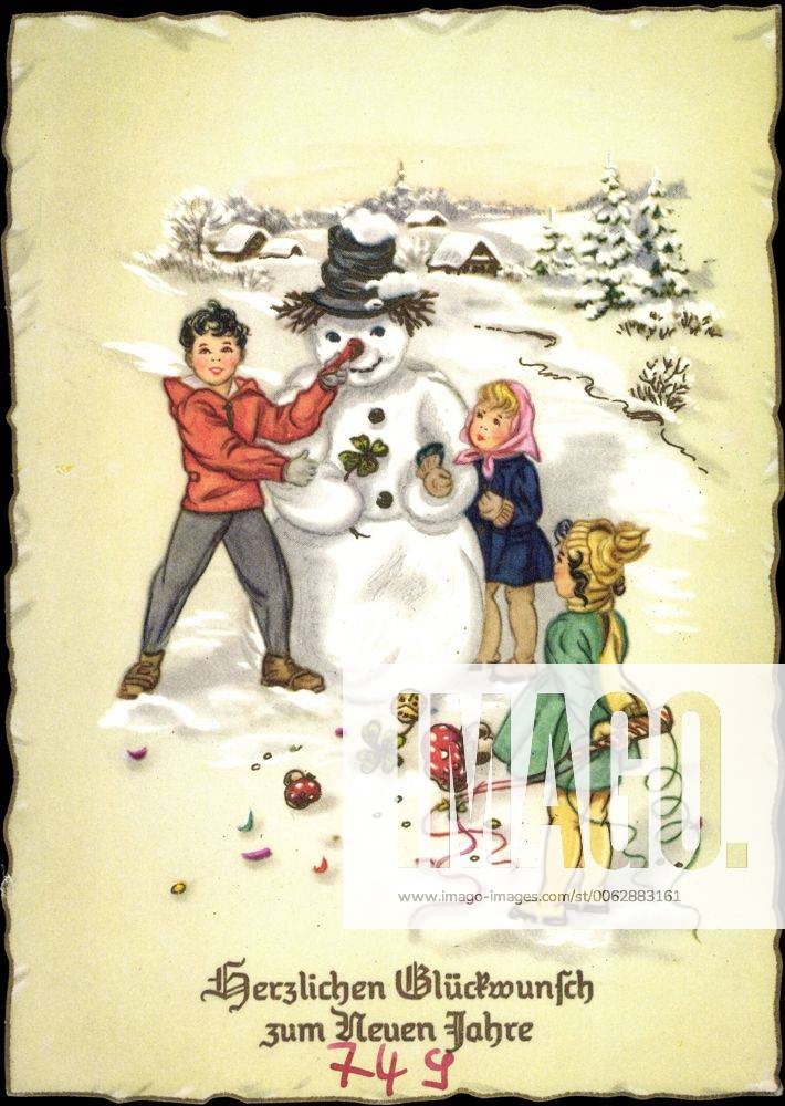 Frohes Neujahr, Schneemann hält Kleeblatt, Würfel !AUFNAHMEDATUM