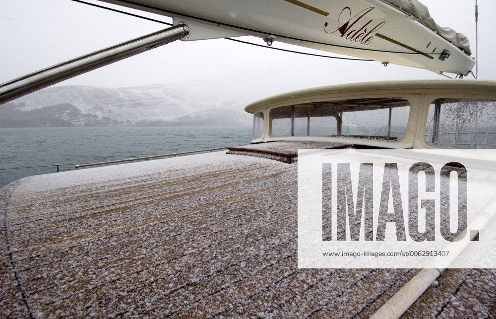 Snow on the deck of SY Adele, 180 foot Hoek Design, anchored at Rosita ...