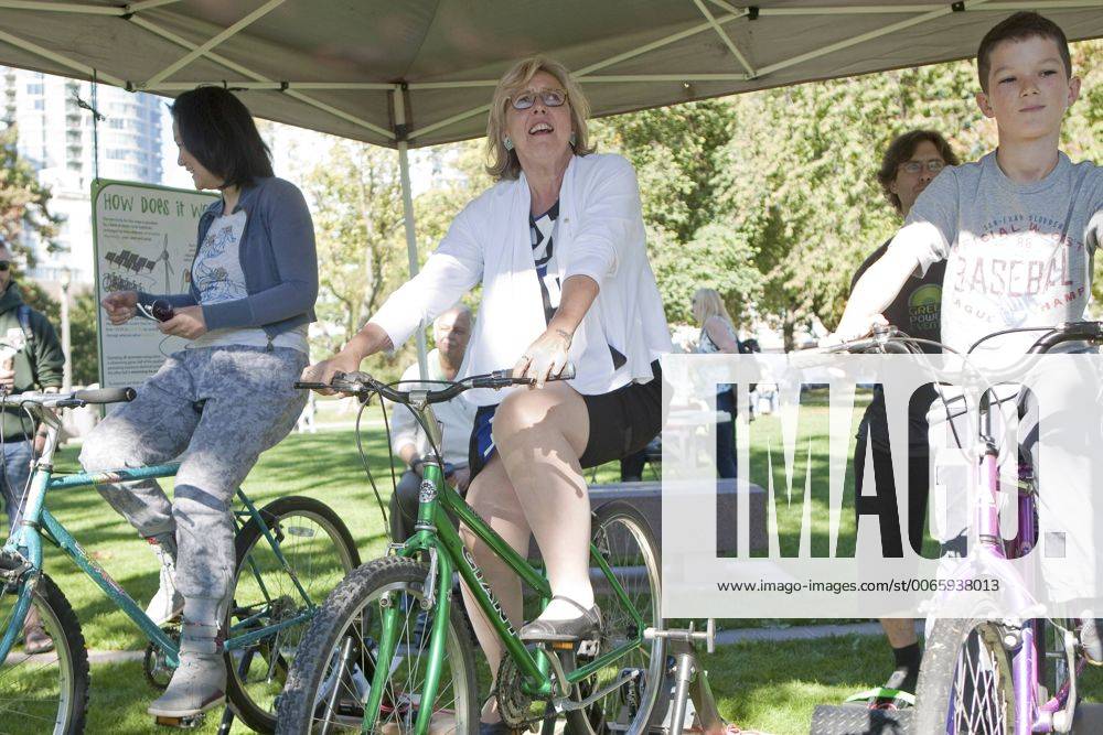 Canadian Green Party leader Elizabeth May rides a stationary bike ...