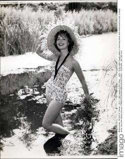 1965 - Pretty Beth Rogan wears a charming black and white swimsuit and ...