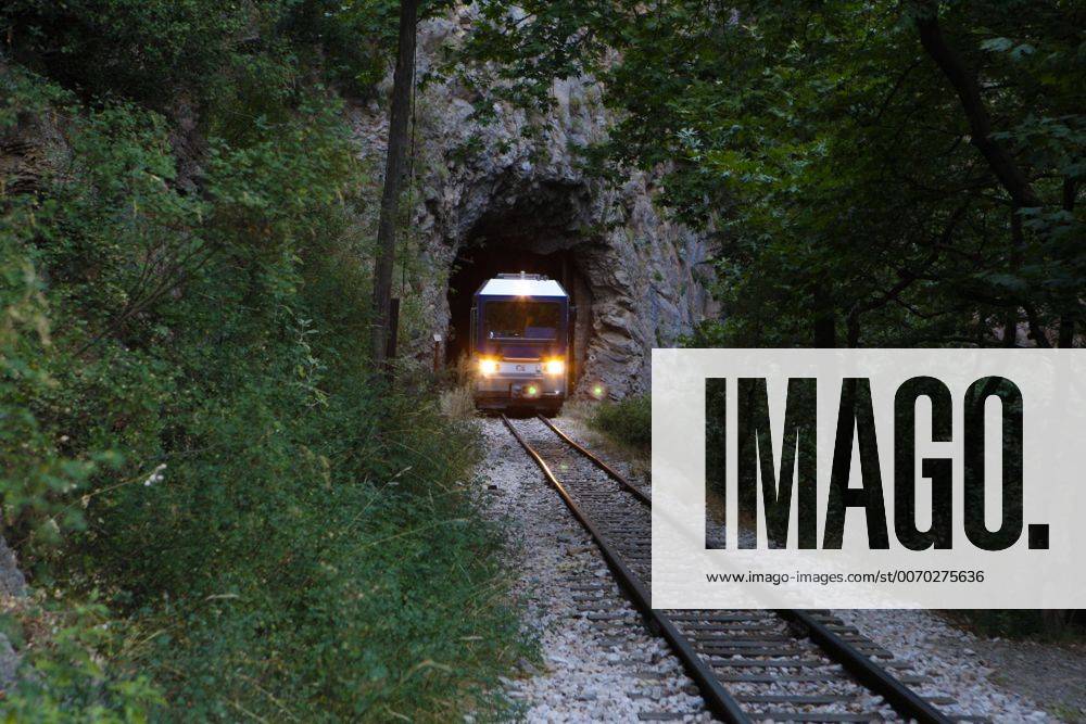 Aug. 13, 2011 - Kalavrita, Peloponnese, Greece - The train goes through the tunnel. The cog railway