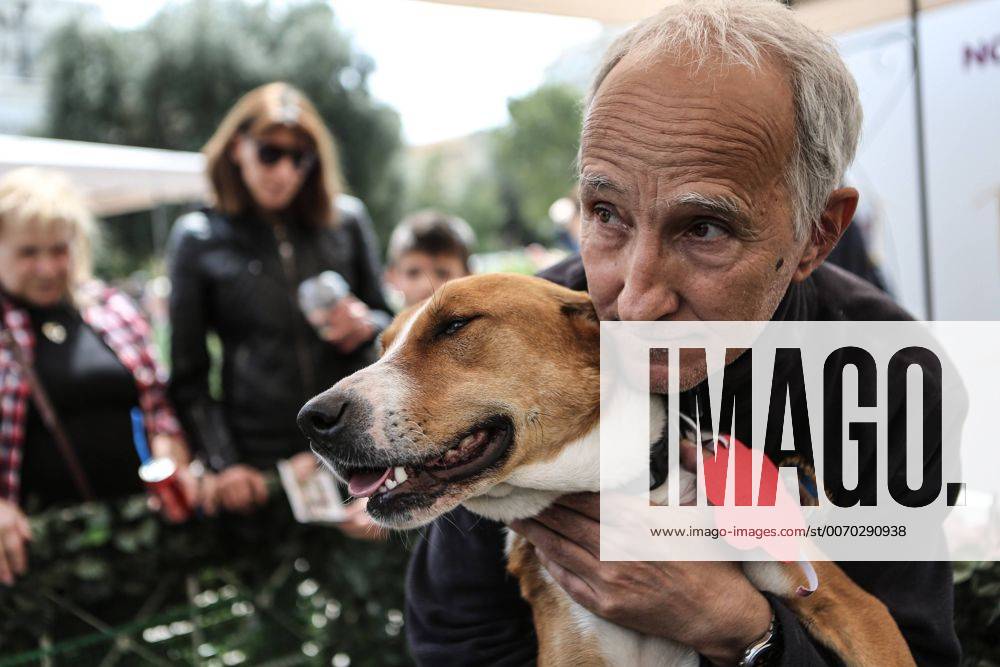 ATHENS, A volunteer hugs a stray dog in central Athens, Greece, on ...