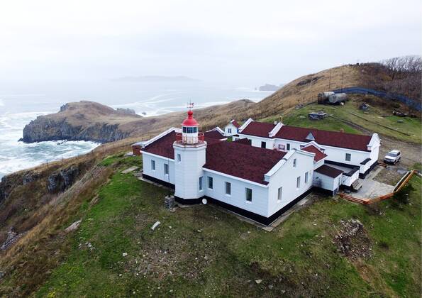PRIMORYE TERRITORY, RUSSIA - : A view of the Busse lighthouse on Cape ...