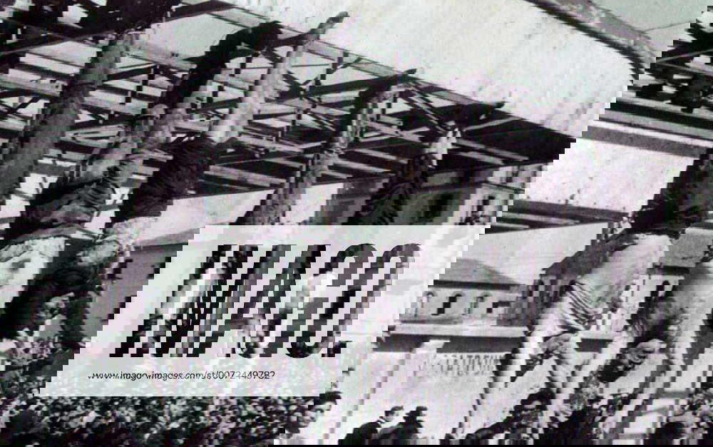 The death of Benito Mussolini, the Italian fascist dictator. body of Mussolini (second from left