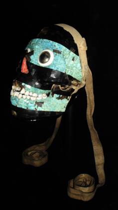 Turquoise mosaic mask of Tezcatlipoca, Mixtec-Aztec, AD 1400-1521. A ...