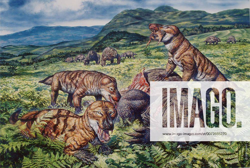 A group of carnivorous Cynognathus therapsids prey on a Placerias ...