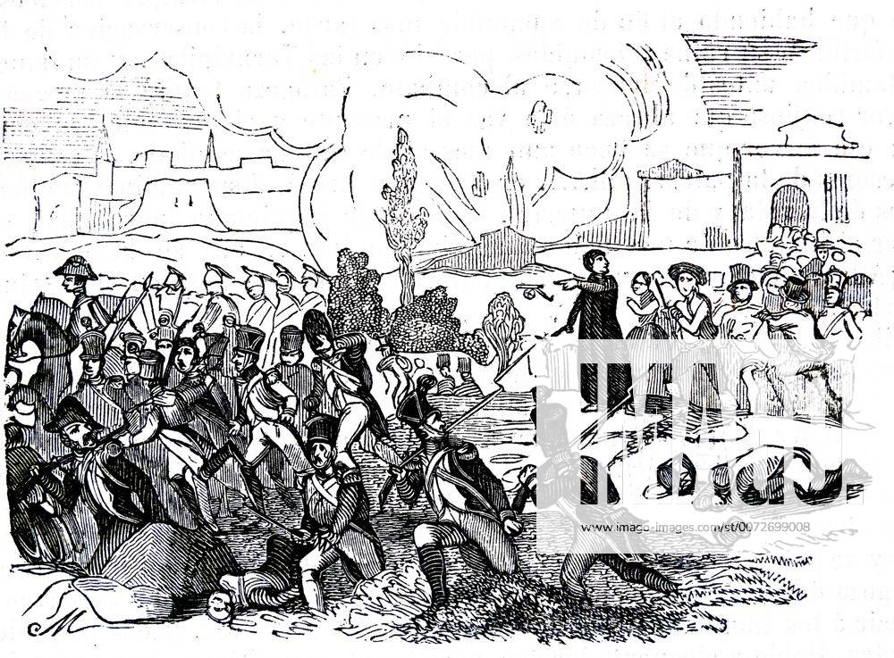 Engraving depicting the French raising the siege of Zaragoza, the ...