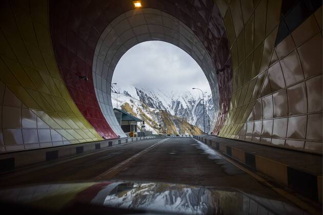 NORTH OSSETIA, RUSSIA - : A view of the Roki Tunnel at the 93rd km of ...