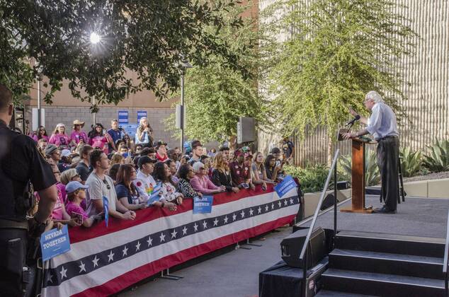 Senator Bernie Sanders rallies the crowd at a GOTV event on November ...
