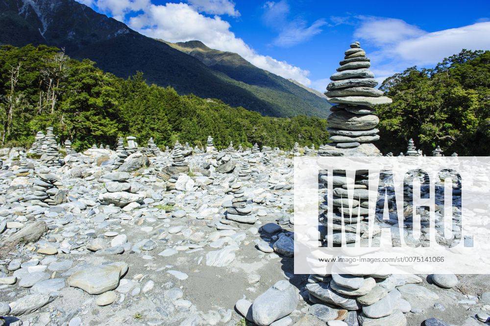 Man made stone pyramids at the Blue Pools, Haast Pass, South Island ...