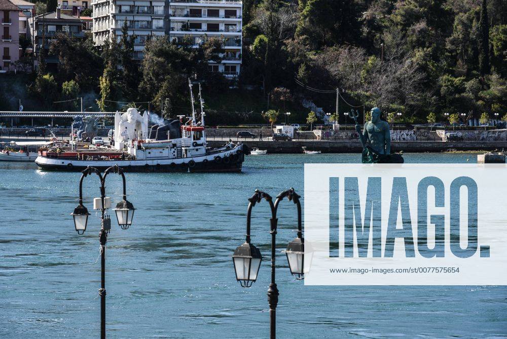 Seaside of Chalkida on Euboea with the sea showing the crazy waters, on ...
