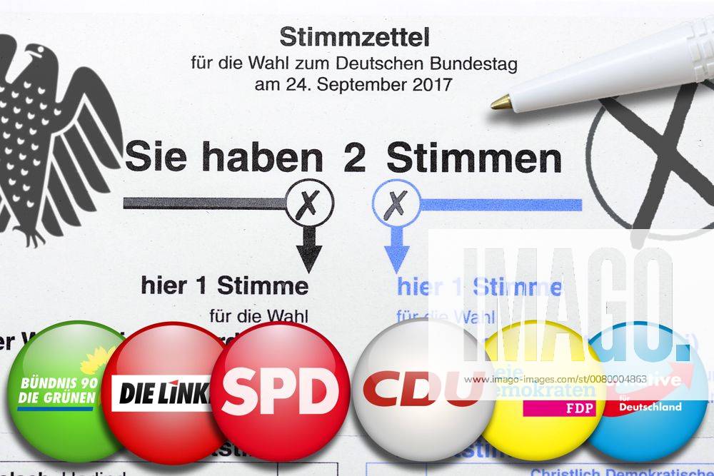 Buttons der sechs großen Parteien auf einem Stimmzettel, Bundestagswahl