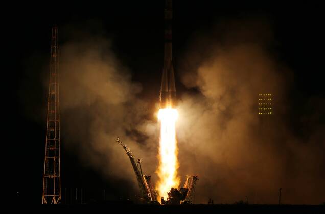 KAZAKHSTAN – SEPTEMBER 25, 2019: A Soyuz-FG rocket booster blasts off ...