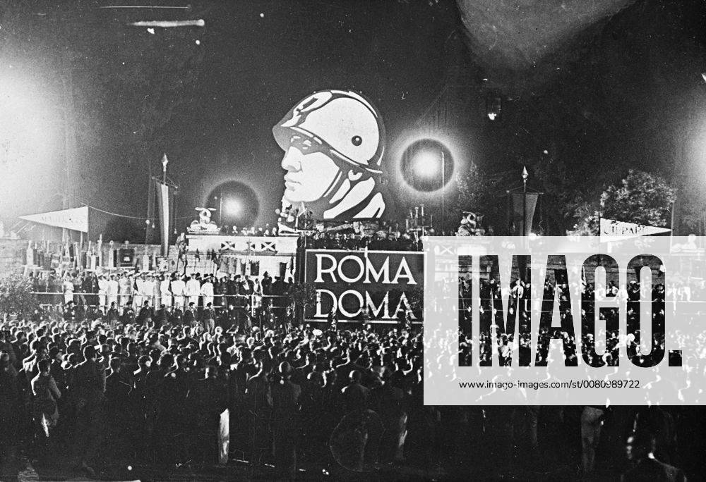 A gigantic illuminated effigy of Mussolini, the Italian the dictator ...