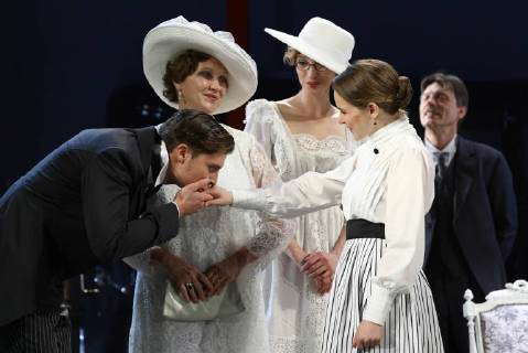 MOSCOW, RUSSIA - : Actors Vsevolod Makarov as Freddy Eynsford-Hill, Alexandra Rovenskikh as Mrs