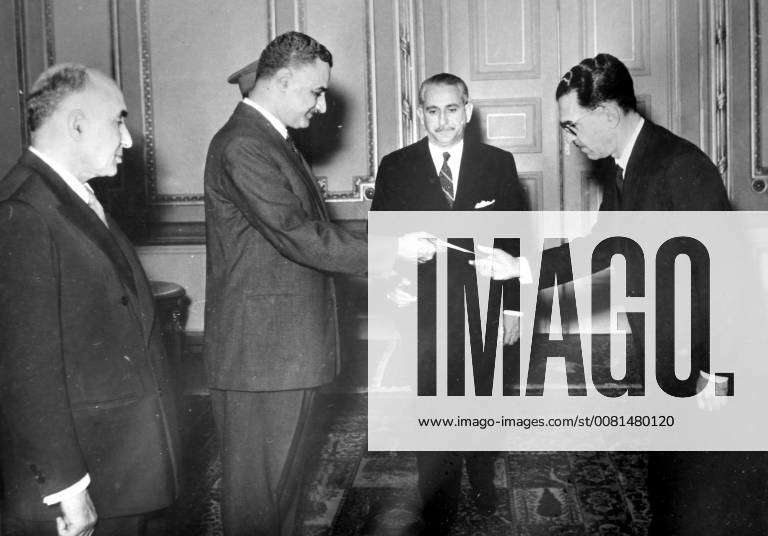 PRESIDENT OF UNITED ARAB REPUBLIC GAMAL ABDUL NASSER WITH BAZZAZ EL DR ...