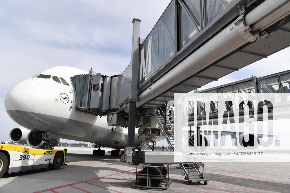 Lufthansa Airbus A380 800 with docked passenger boarding terminals ...