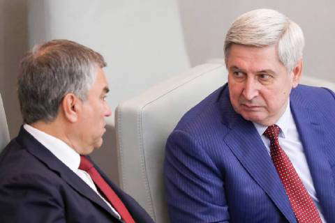 MOSCOW, RUSSIA - : State Duma Chairman Vyacheslav Volodin and his first deputy Ivan Melnikov at a